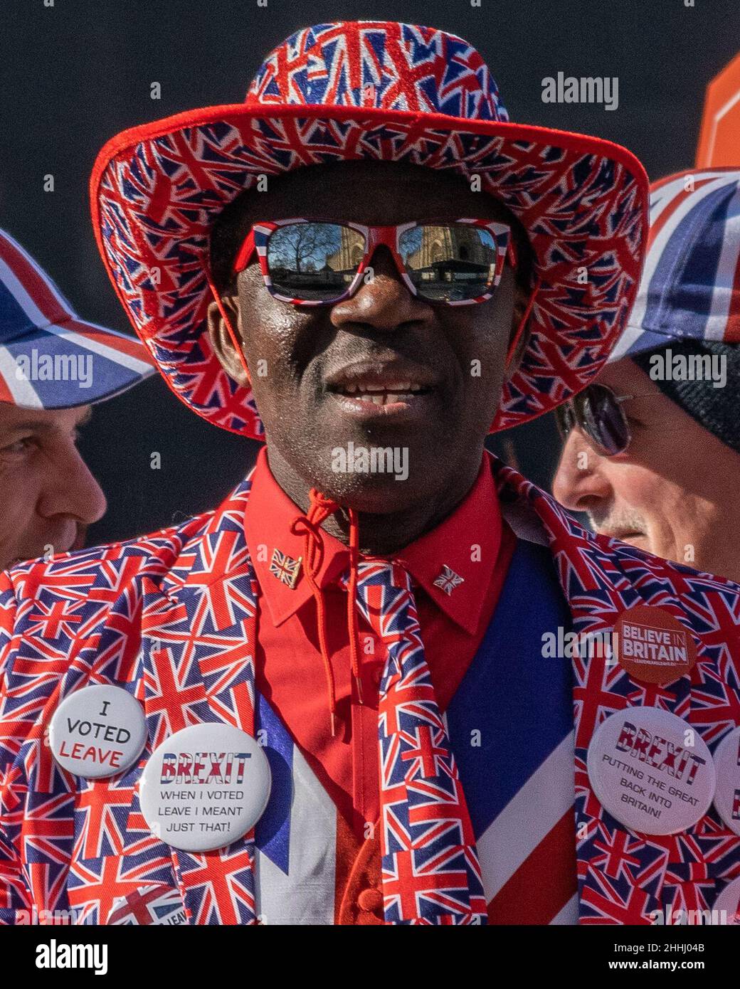Pro Brexit protester outside westminster in colourful union jack suit ...