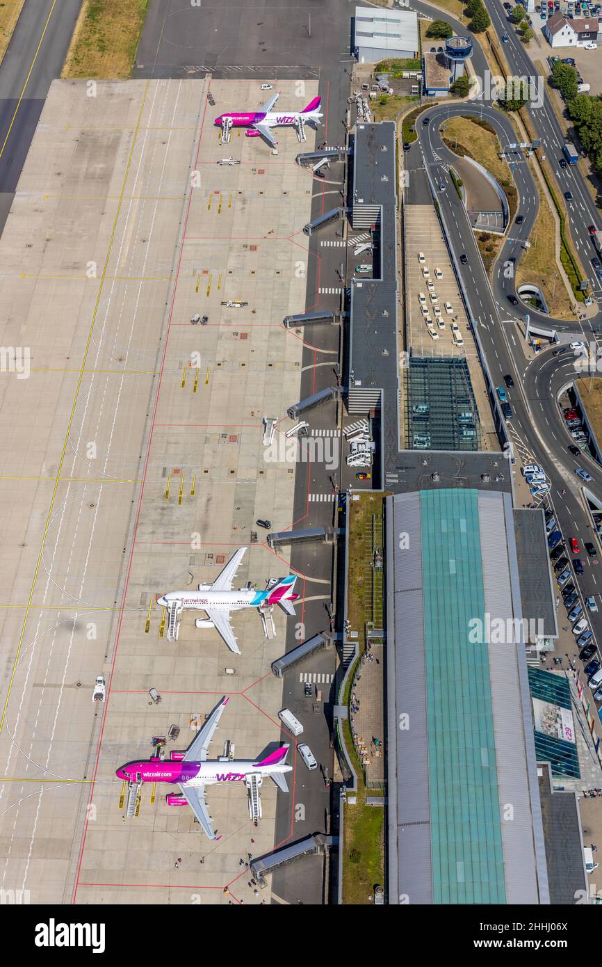 Aerial view, Dortmund Airport with reception building and terminal building, Eurowings and Wizz ...