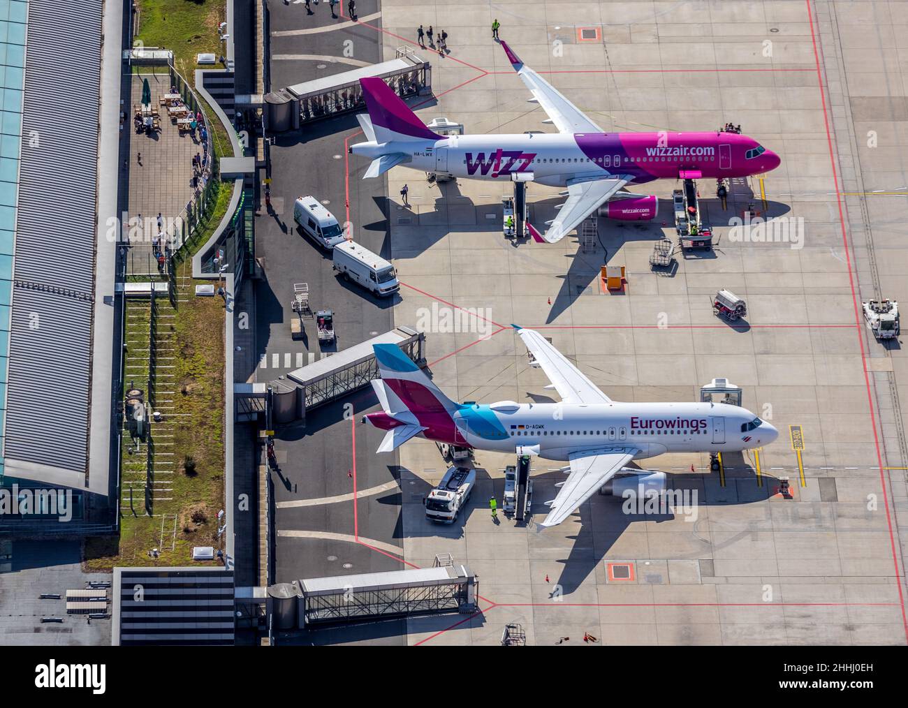 Aerial view, Dortmund Airport with reception building and terminal building, Eurowings and Wizz ...