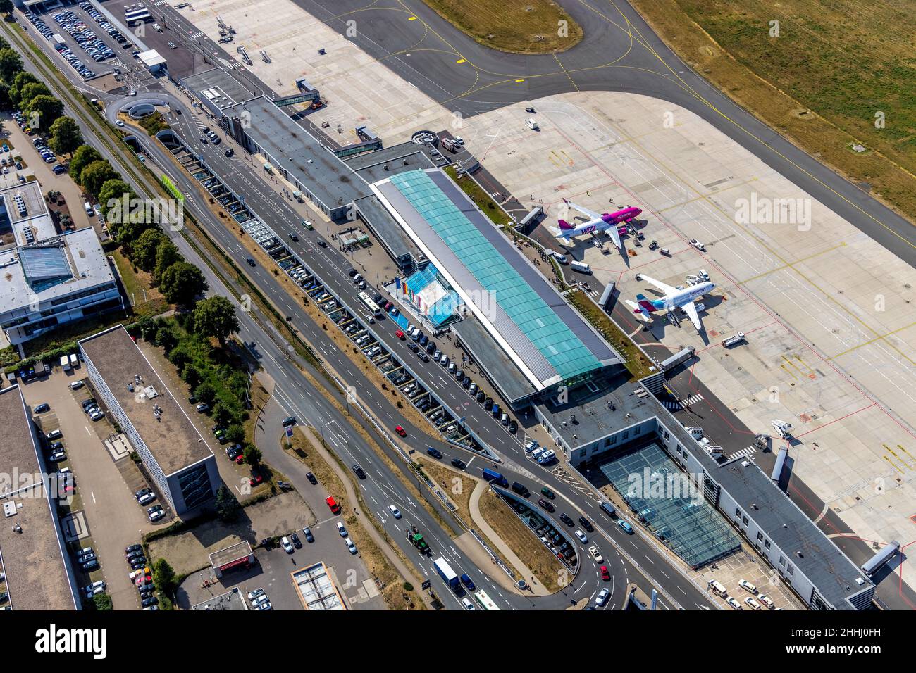 Aerial view, Dortmund Airport with reception building and terminal building, Eurowings and Wizz ...