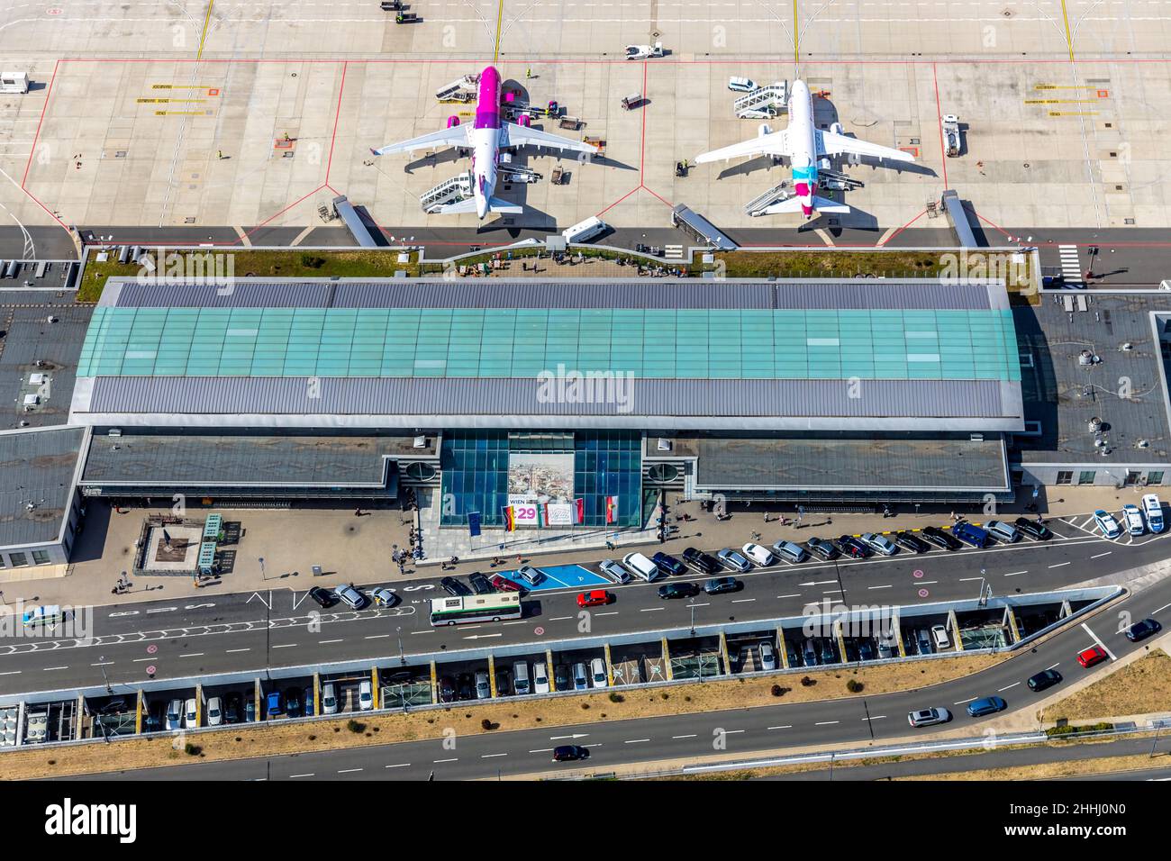 Aerial view, Dortmund Airport with reception building and terminal building, Eurowings and Wizz ...