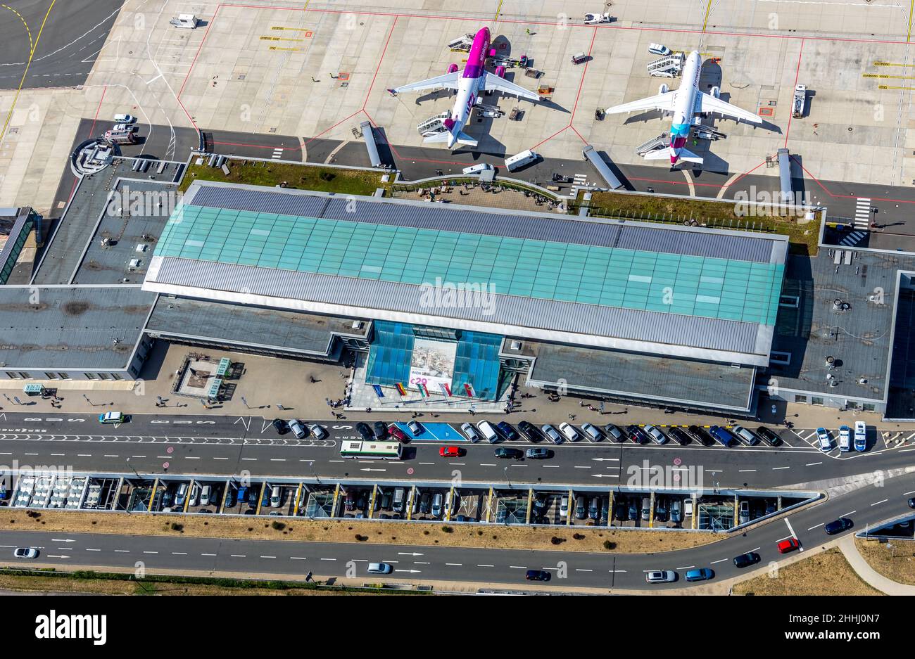 Aerial view, Dortmund Airport with reception building and terminal building, Eurowings and Wizz ...