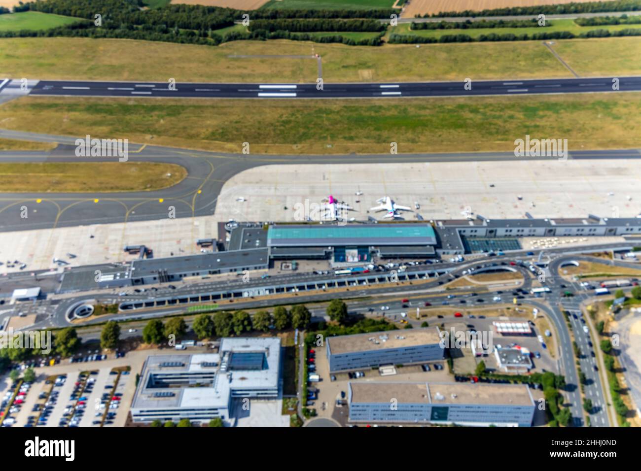 Aerial view, Dortmund Airport with reception building and terminal building, Eurowings and Wizz ...