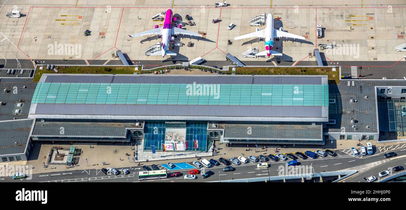 Aerial view, Dortmund Airport with reception building and terminal building, Eurowings and Wizz ...