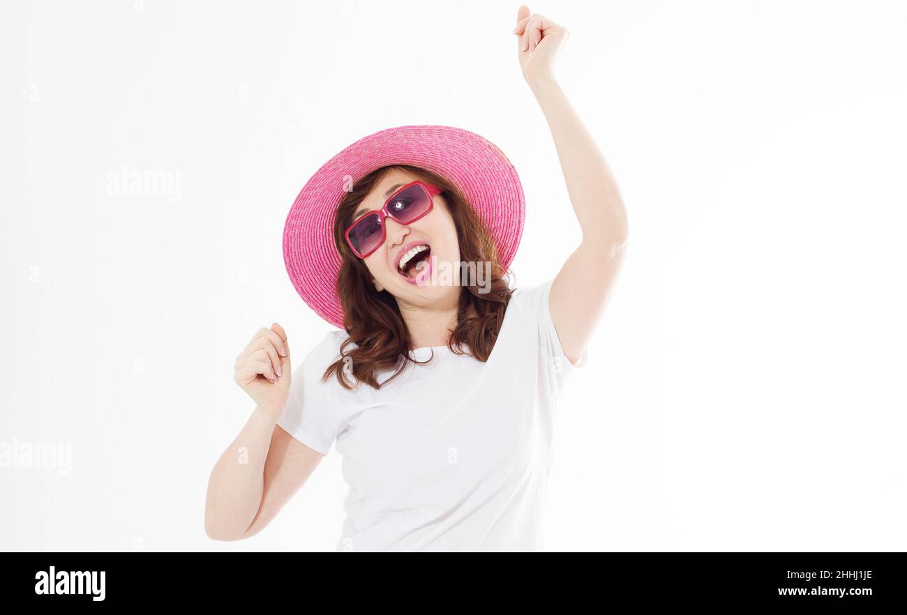 Happy surprised and excited woman in summer hat, sunglasses and ...