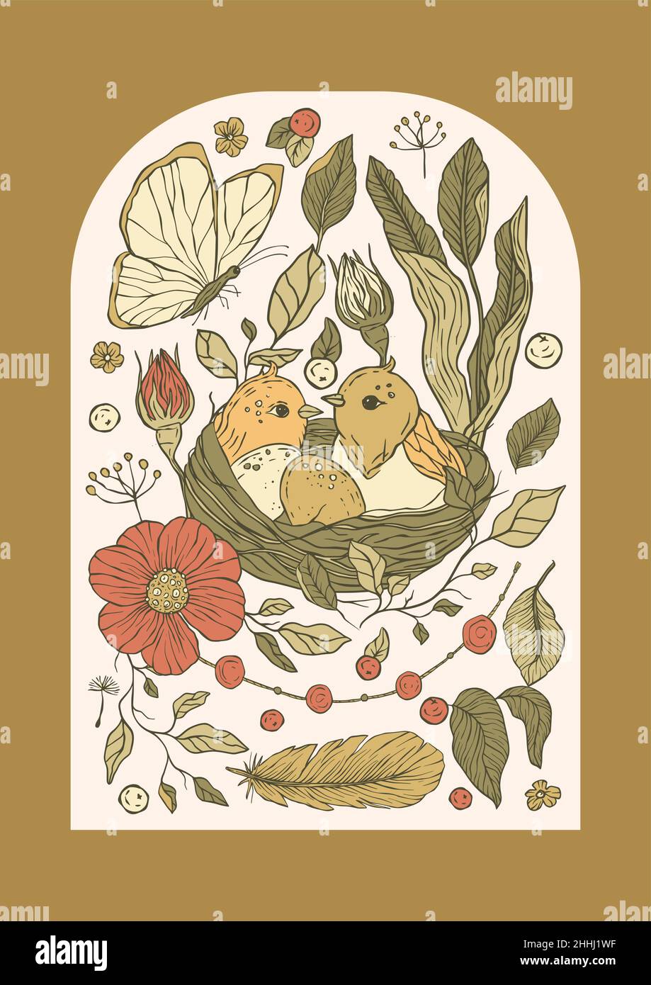 Vintage bird nest with rose poppy flowers printable poster Stock Vector ...