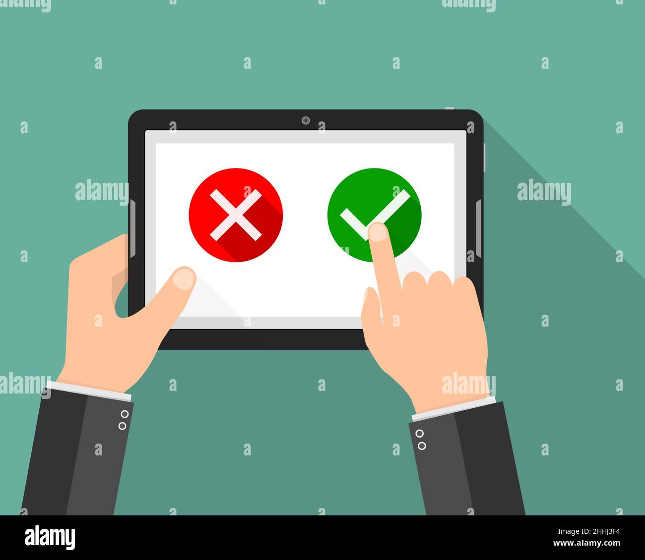 Hand holding tablet with Yes and No buttons. Vector illustration ...