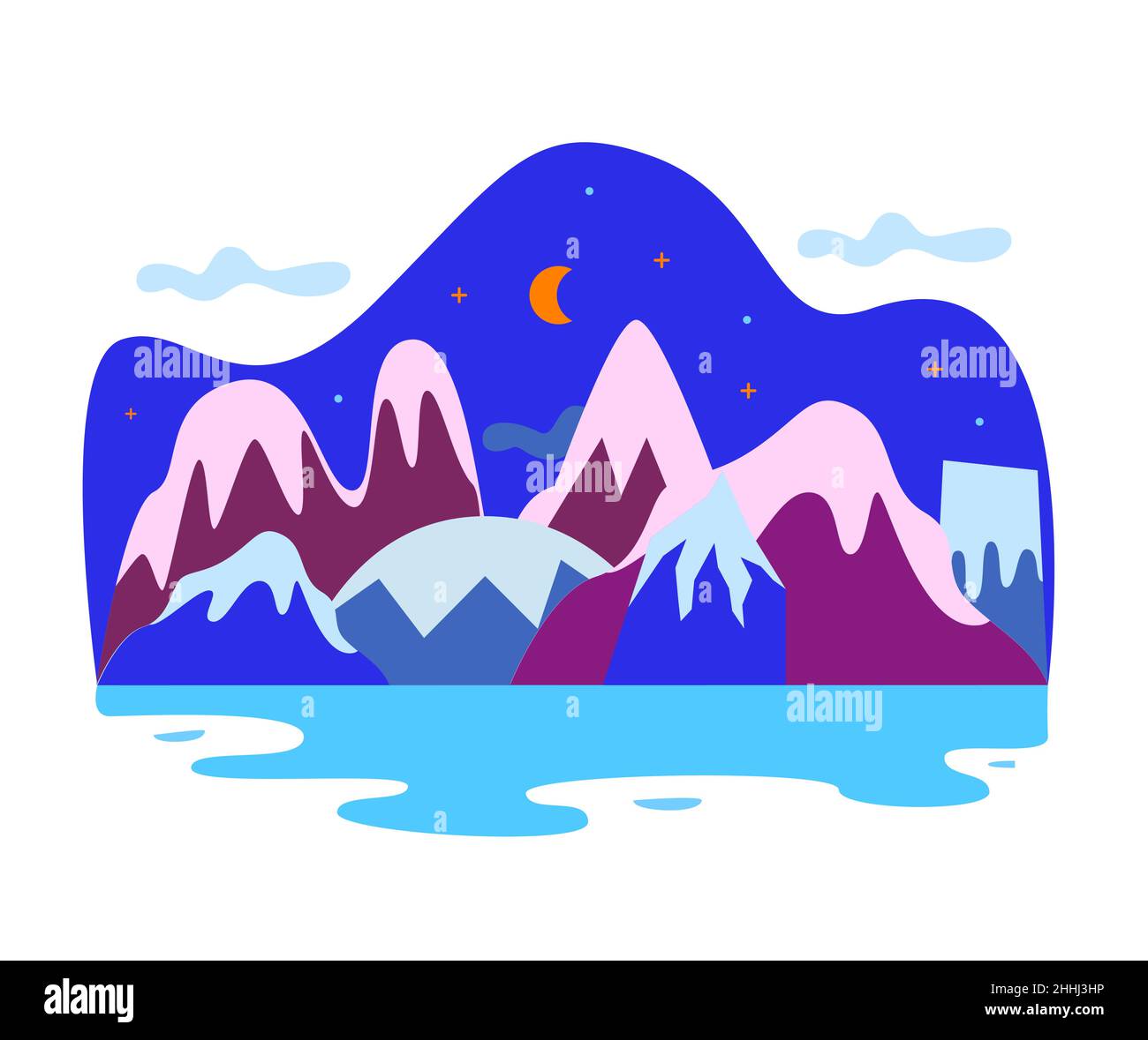 Cartoon evening landscape vector landscape with mountains, hills, sky ...