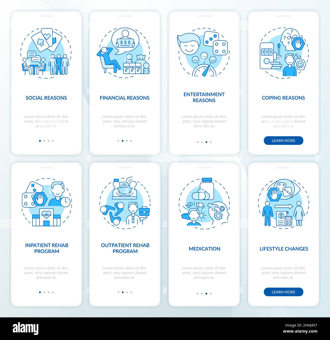 Gambling psychology blue onboarding mobile app screen set Stock Vector ...