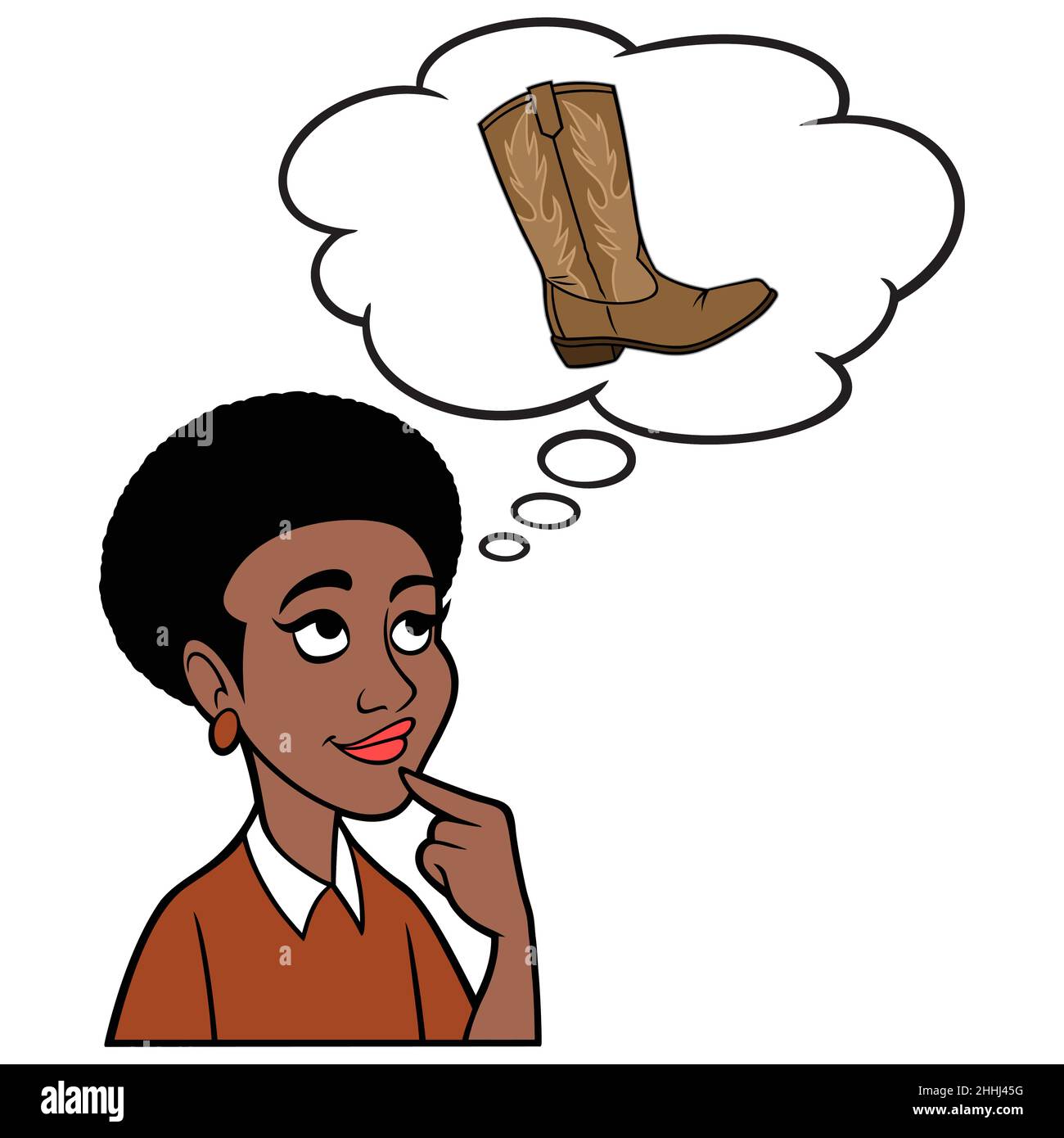 Black Woman thinking about Cowboy Boots - A cartoon illustration of a ...
