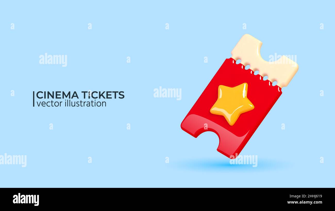 Red Cartoon Cinema vector ticket on blue background. Realistic 3d ...