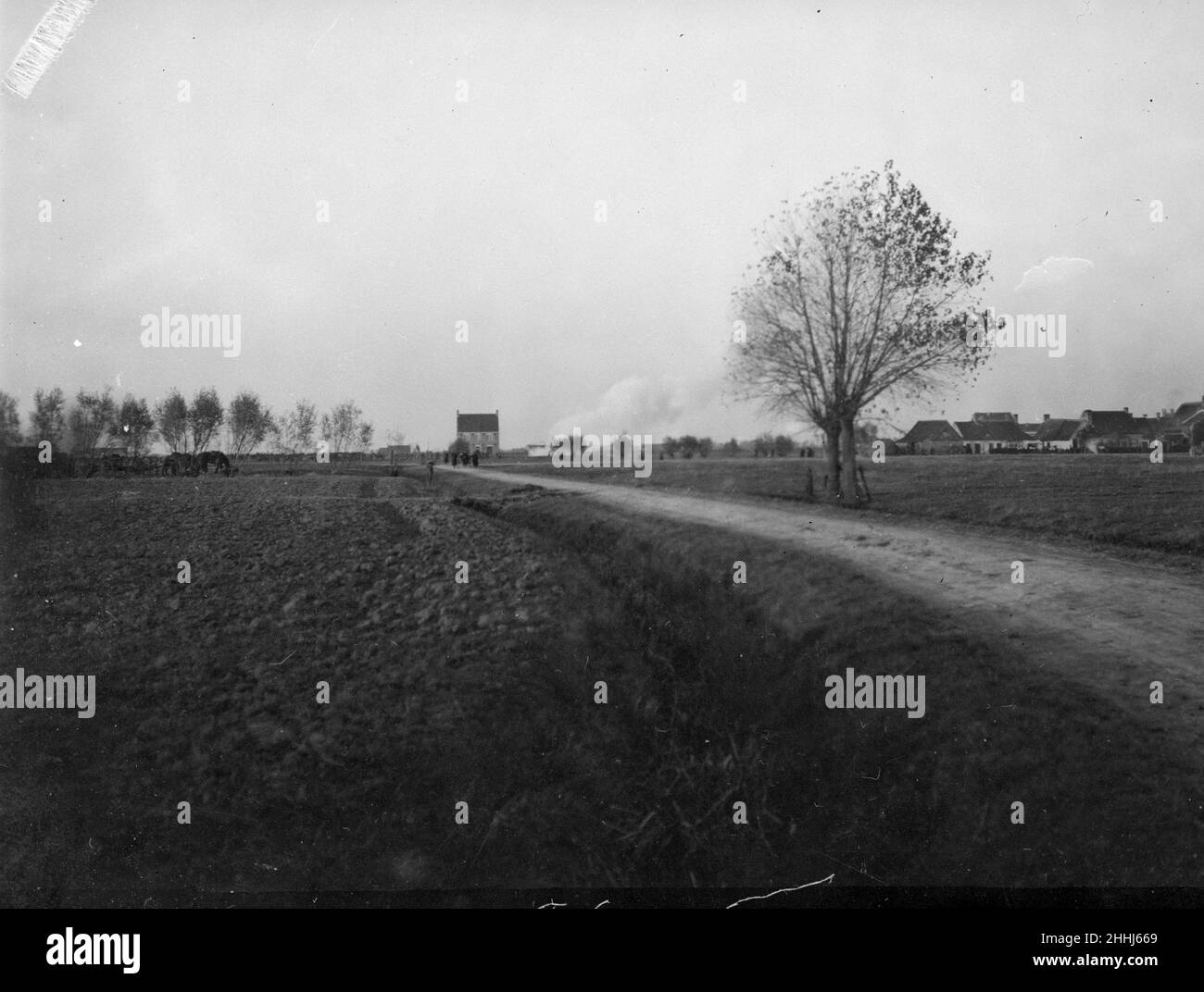 In the distance hores burn in Diksmuide during the Battle of the Yser ...