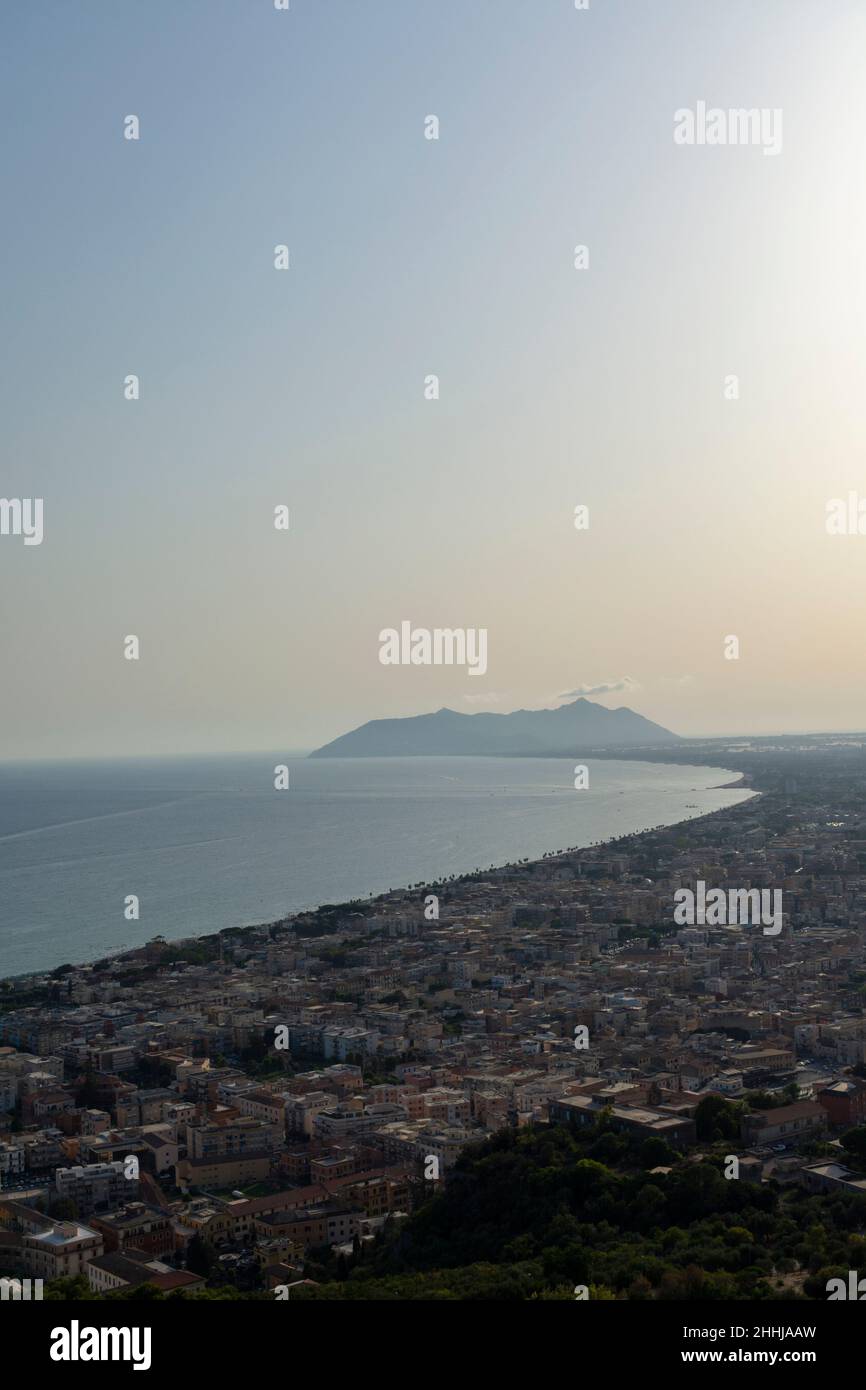 Aerial view on Terracina, mountains and Tyrrhenian Sea bay, ancient ...