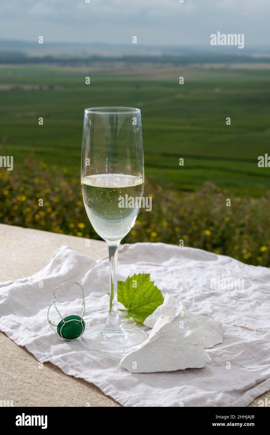 Glass of white brut blanc de blancs champagne wine and examples of ...