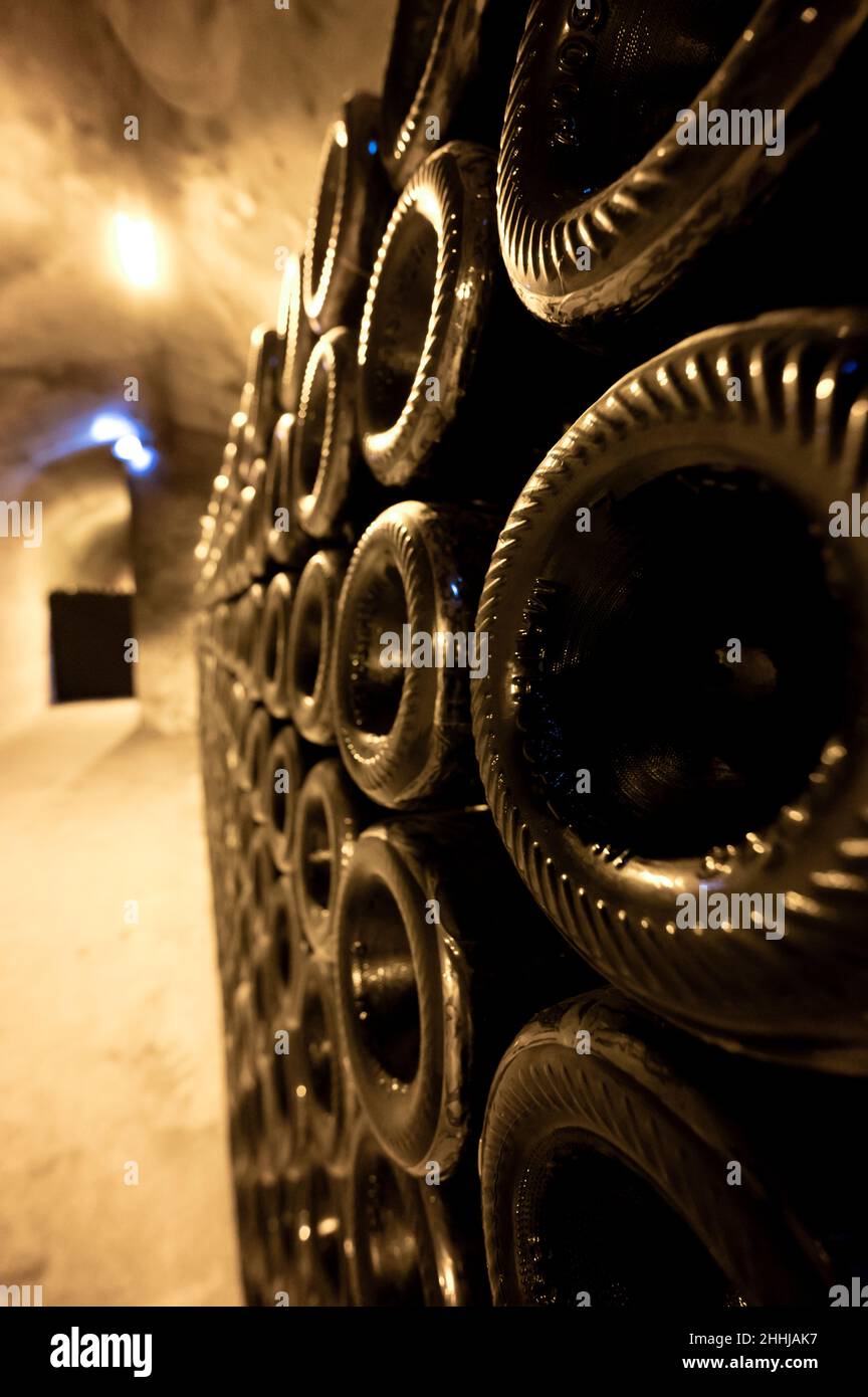 Mathusalem champagne bottles on racks in deep and long undergrounds ...