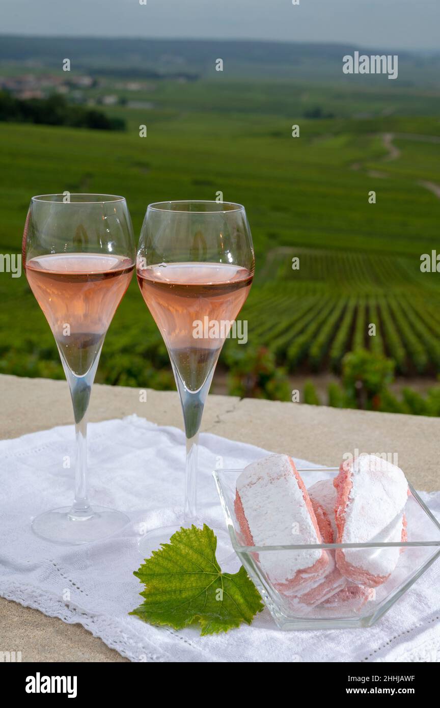Symbols of Reims, rose brut champagne wine and rose biscuits and view ...