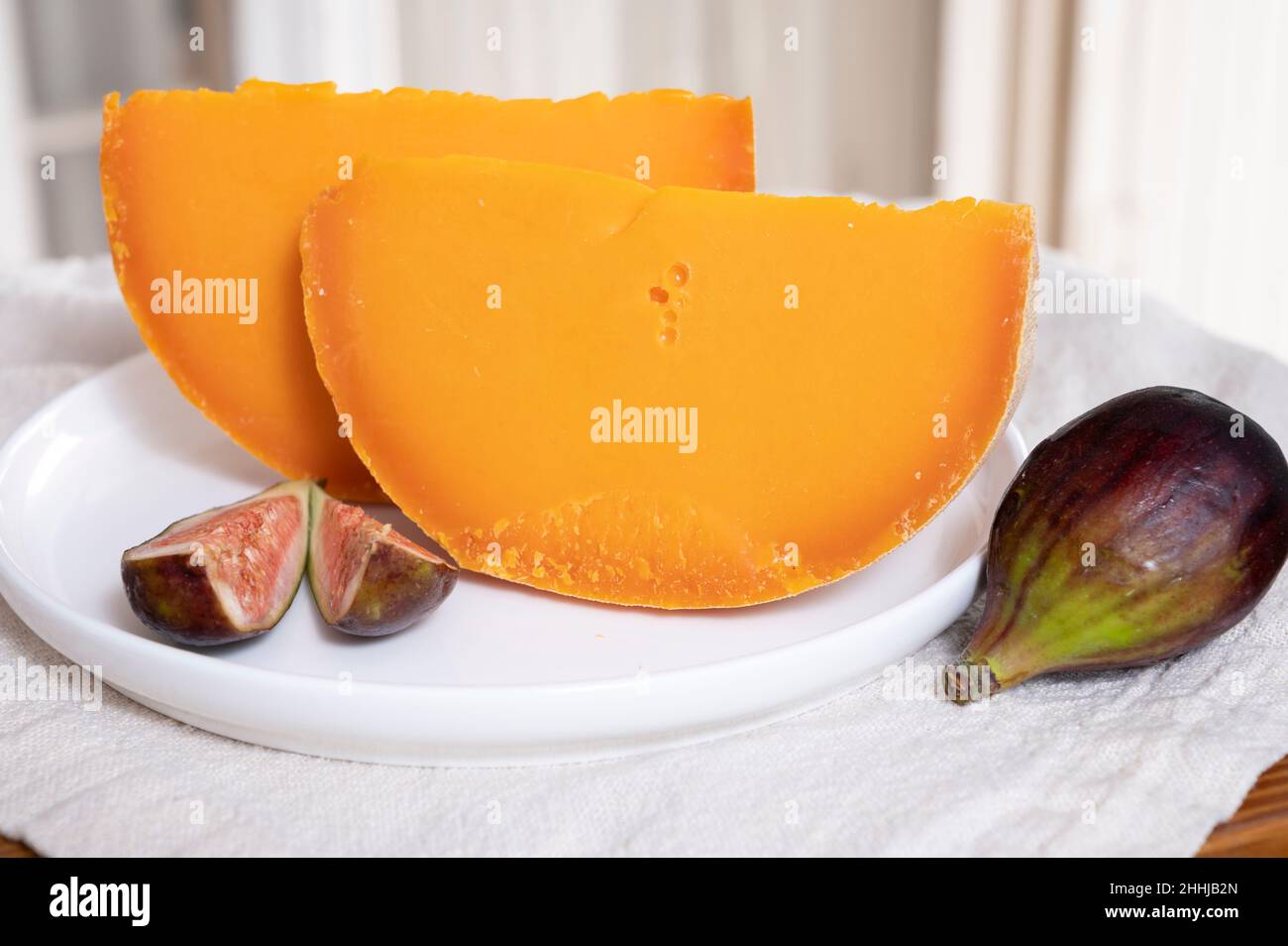 Cheese collection, French yellow cheese mimolette made from cow milk ...