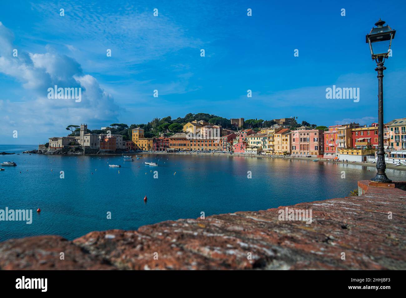 The old town of Sestri Levante, with its colorful houses, facing on the ...