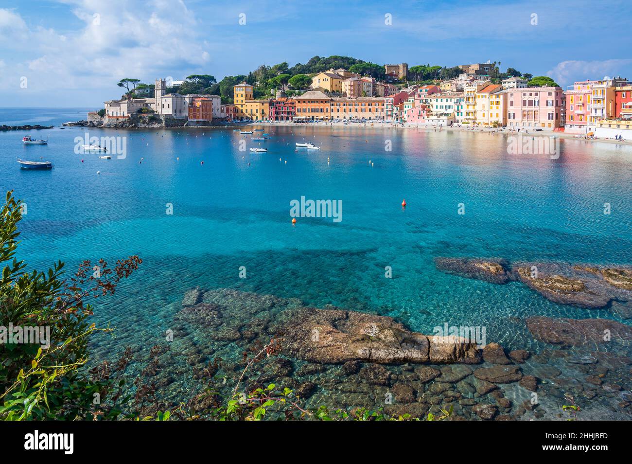 The old town of Sestri Levante, with its colorful houses, facing on the ...