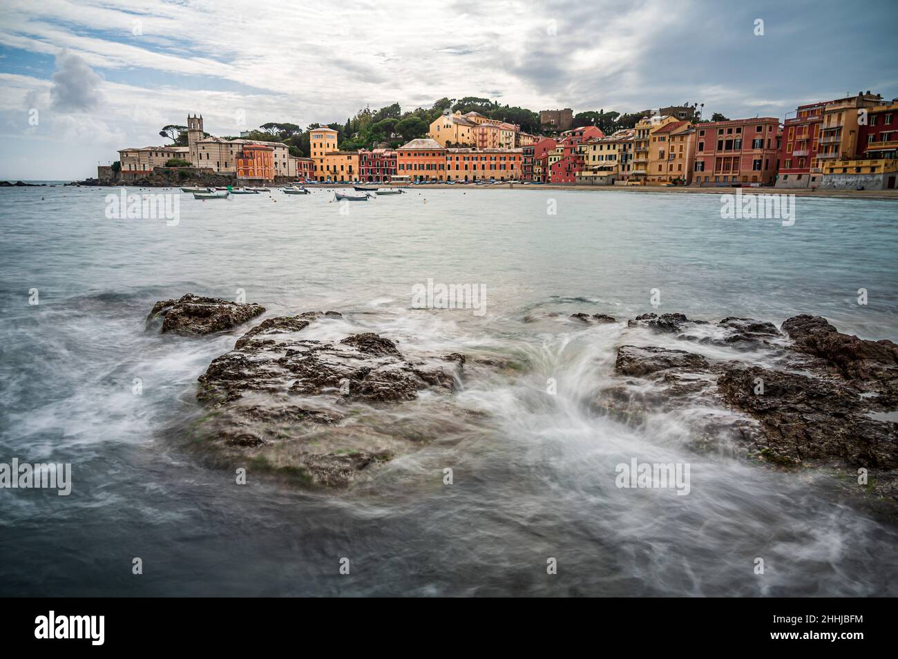 The old town of Sestri Levante, with its colorful houses, facing on the ...