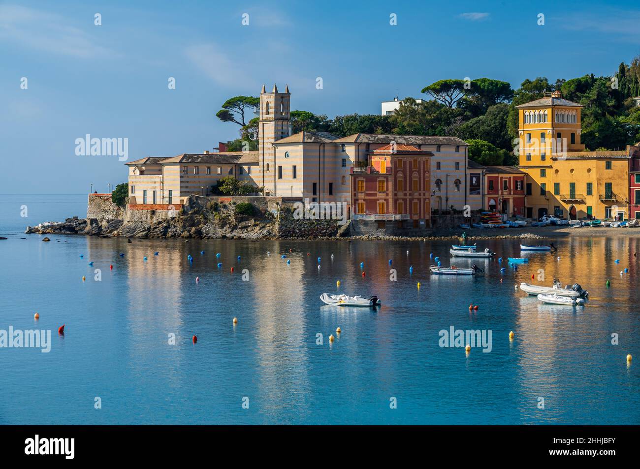 The old town of Sestri Levante, with its colorful houses, facing on the ...