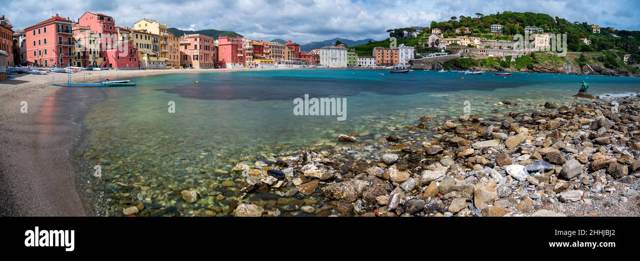 The old town of Sestri Levante, with its colorful houses, facing on the ...