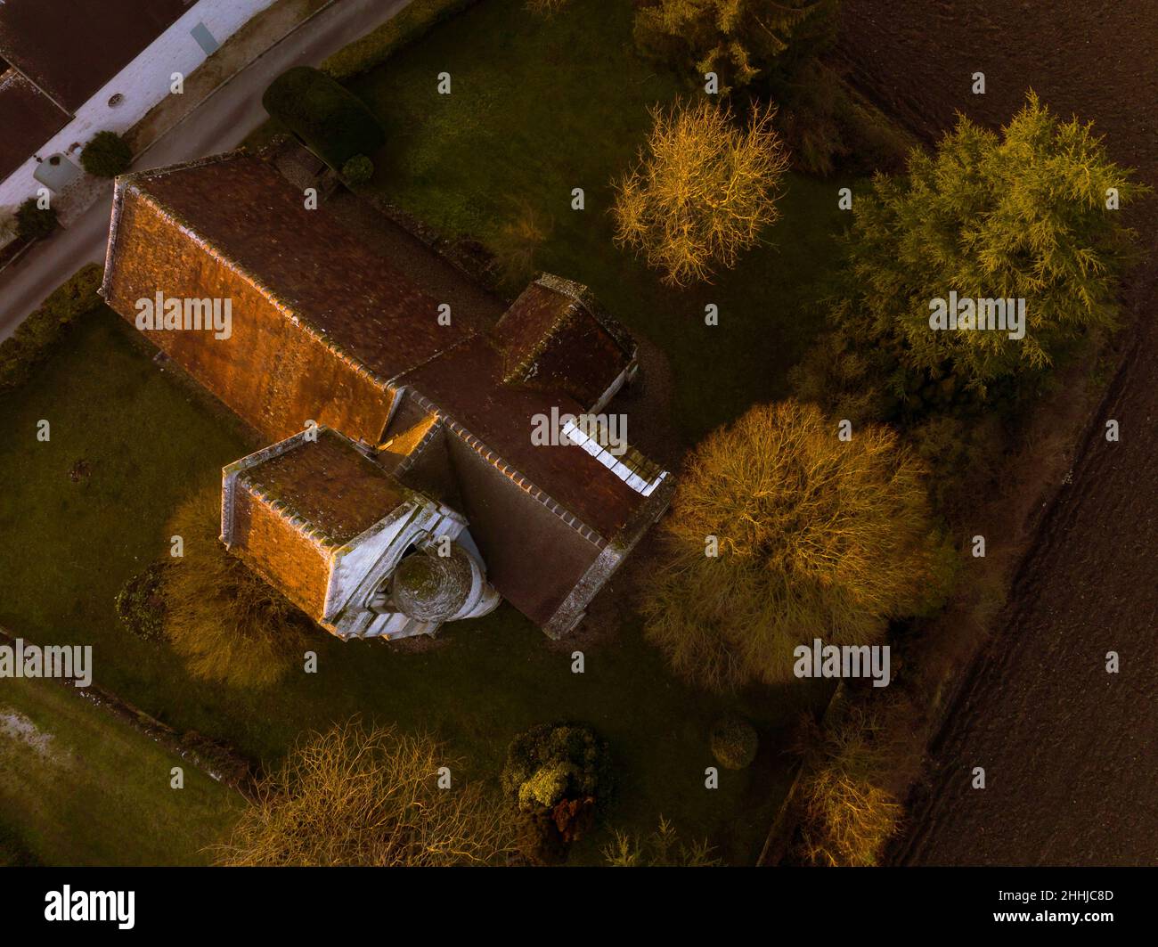 Aerial view of a roman church in France Stock Photo - Alamy