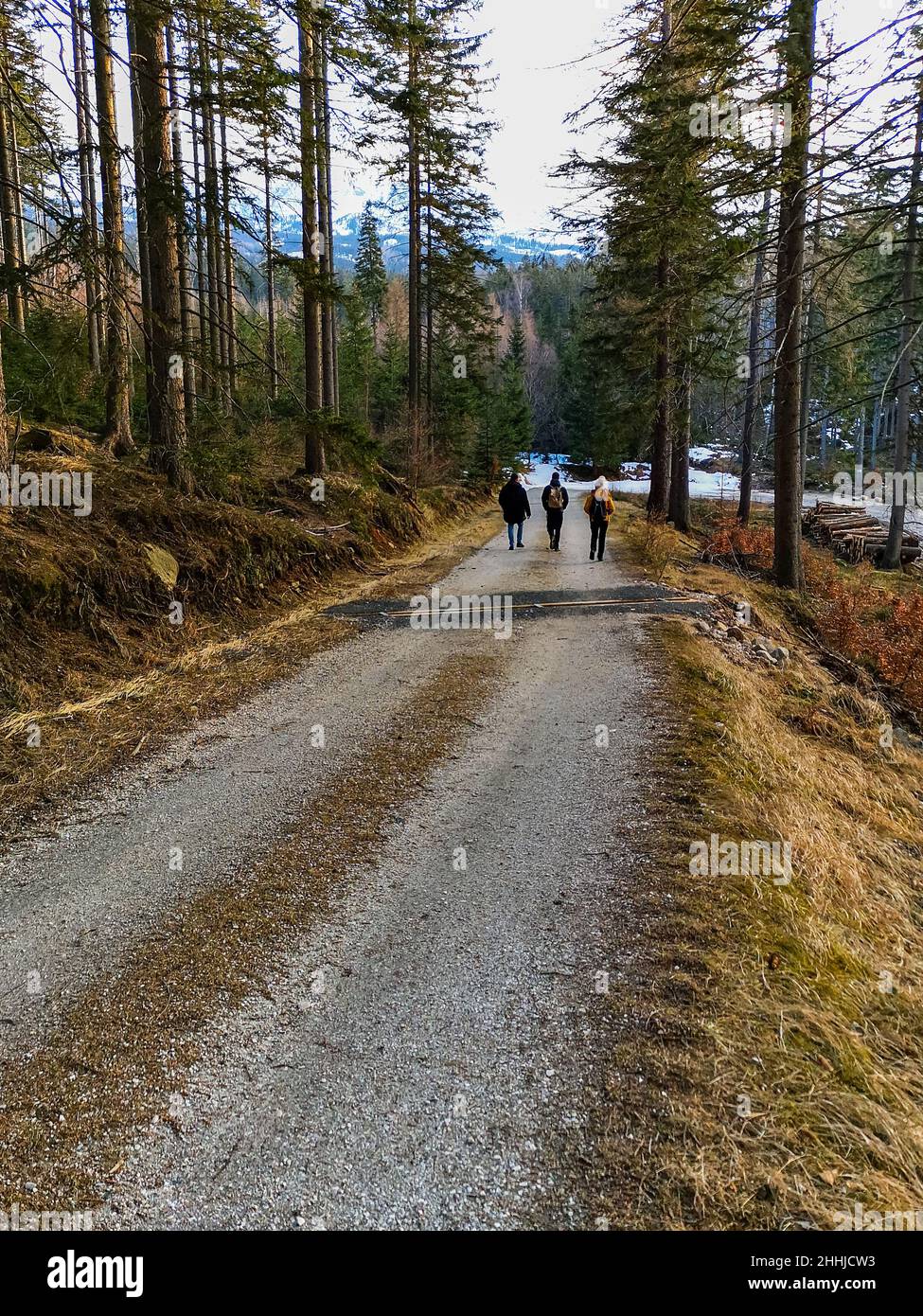 People walk through long mountain trail at cloudy afternoon Stock Photo ...