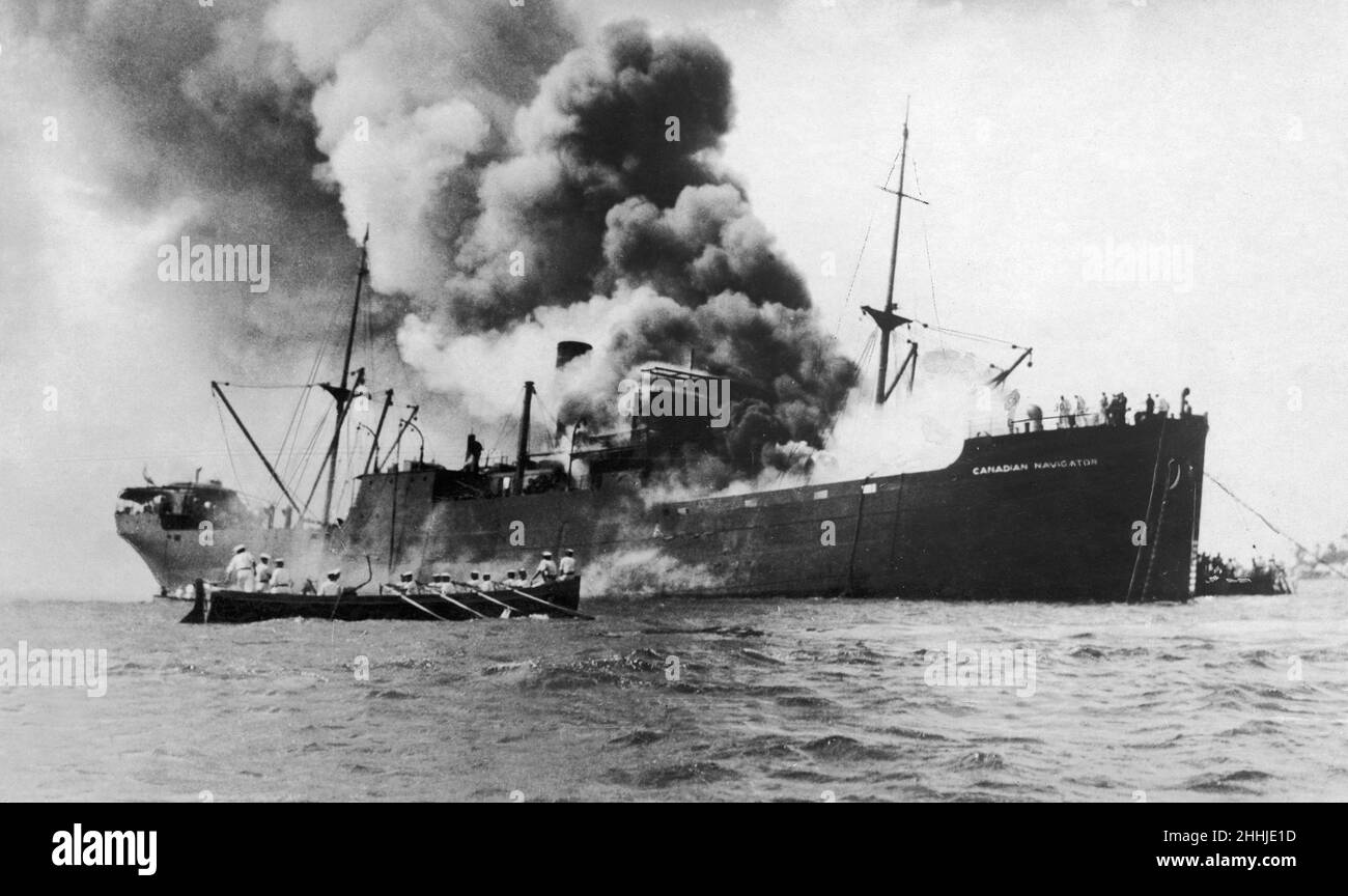 SS Canadian Navigator on fire with crew in lifeboat. 7th March 1925 ...