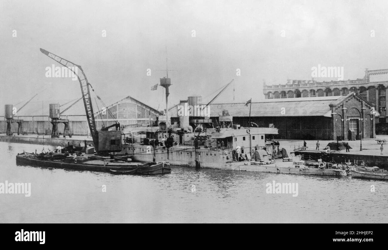 One of the Royal Navy Humber class river monitors seen here tied up to ...