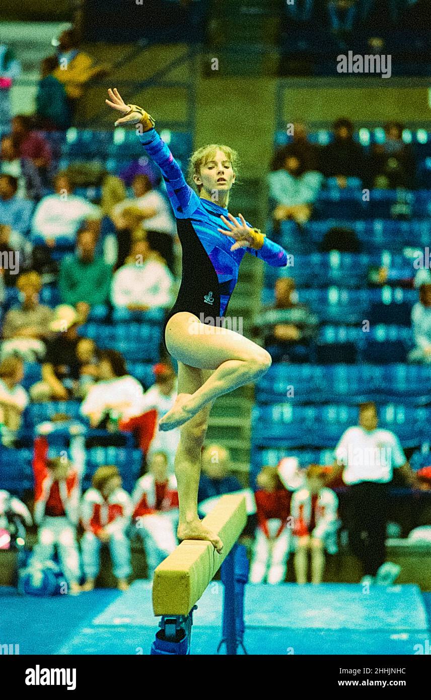 Female gymnast performs on the bance beam Stock Photo - Alamy