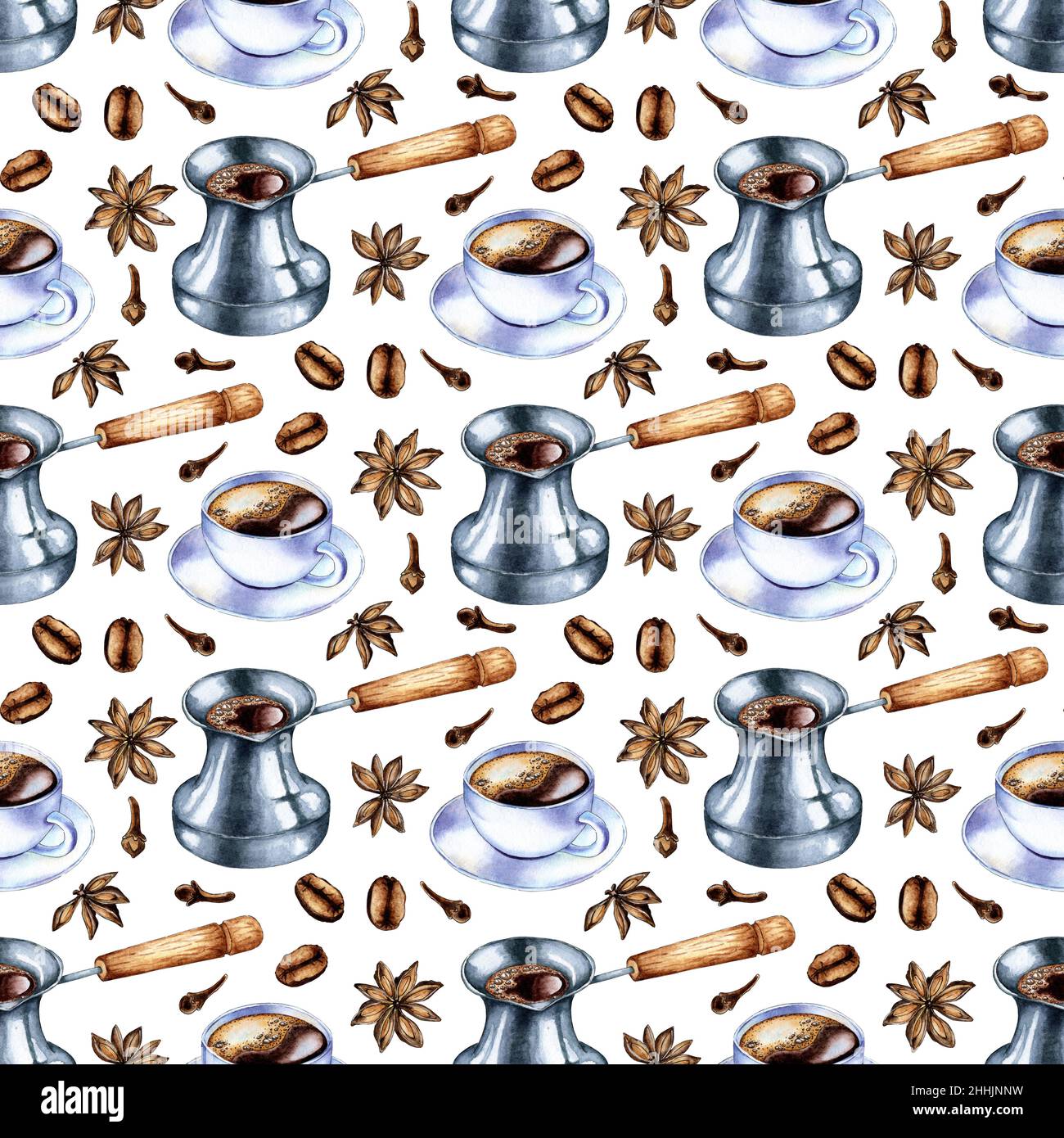 Watercolor drawing of coffee cups and turks. Seamless repeating print ...