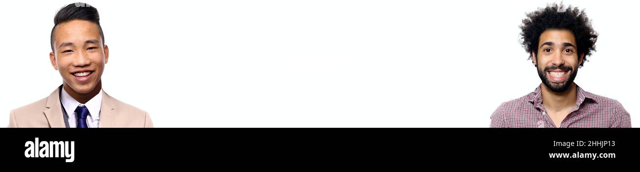 Two people in front of a white background with a white space in between ...