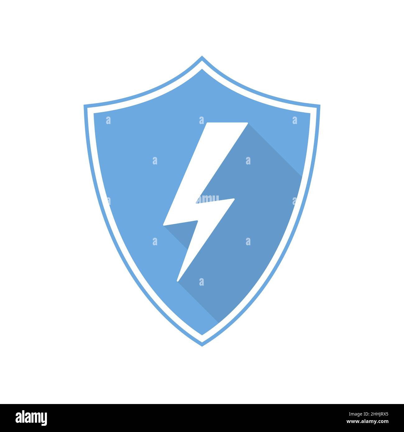 Blue shield with lightning icon in flat design. Vector illustration ...