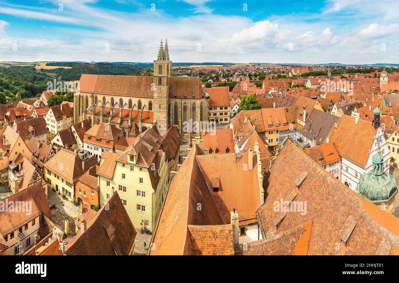 Panoramic aerial view of Rothenburg and church St. James in a beautiful ...