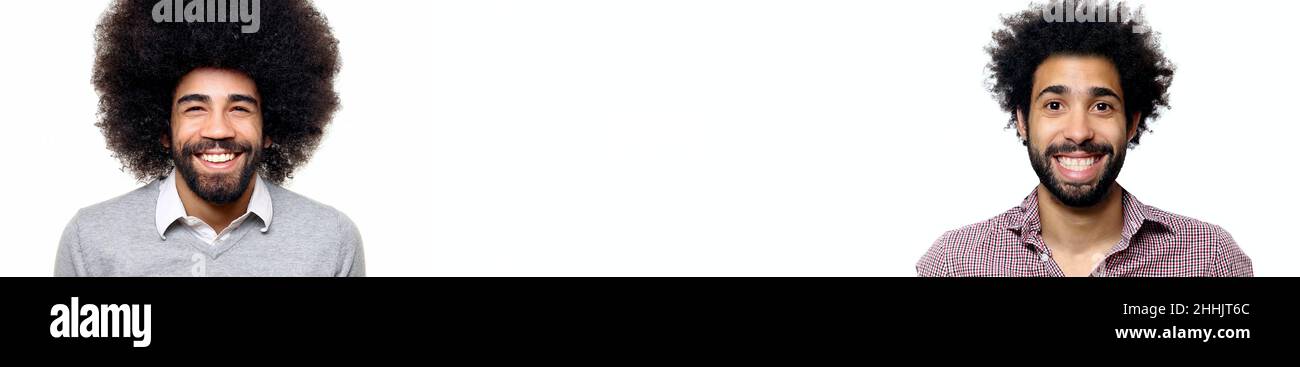 Two people in front of a white background with a white space in between ...