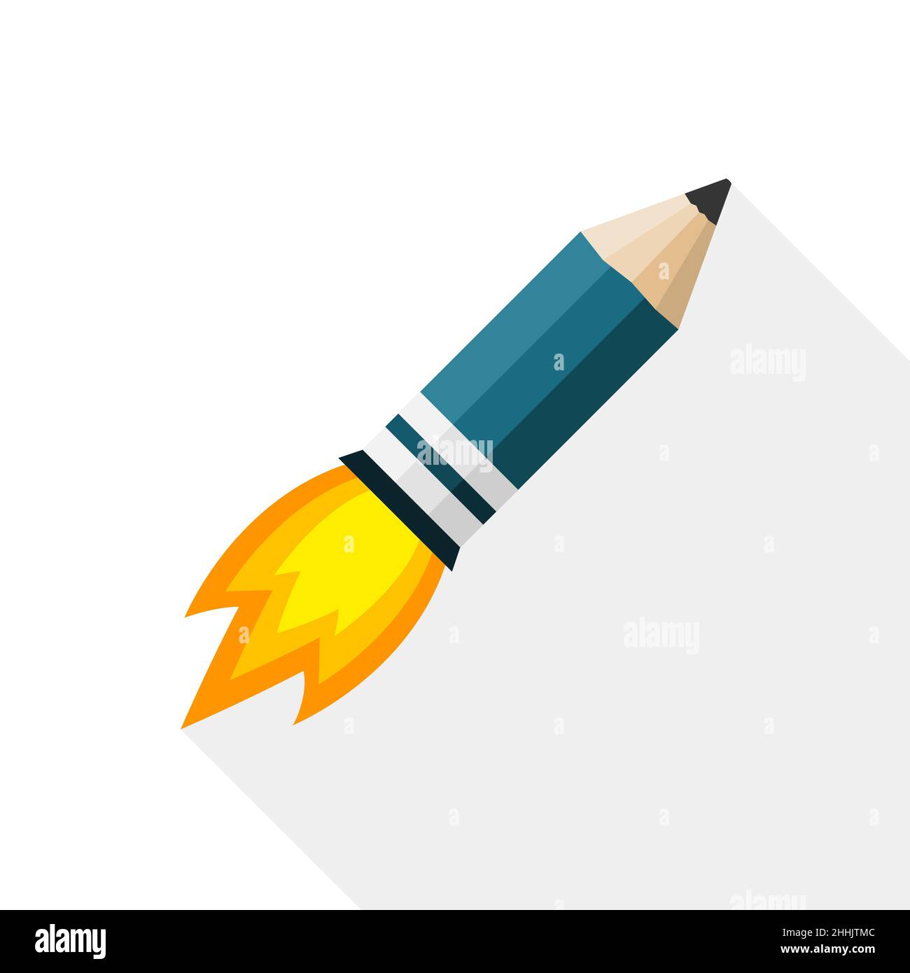 Pencil as flying rocket with fire, on white background. Vector ...