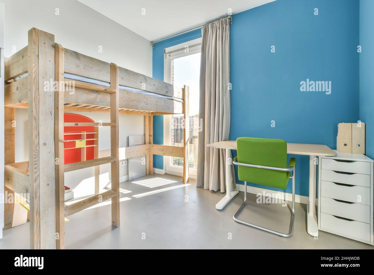 Interior of modern bedroom for schoolchild with wooden bunk bed with ...