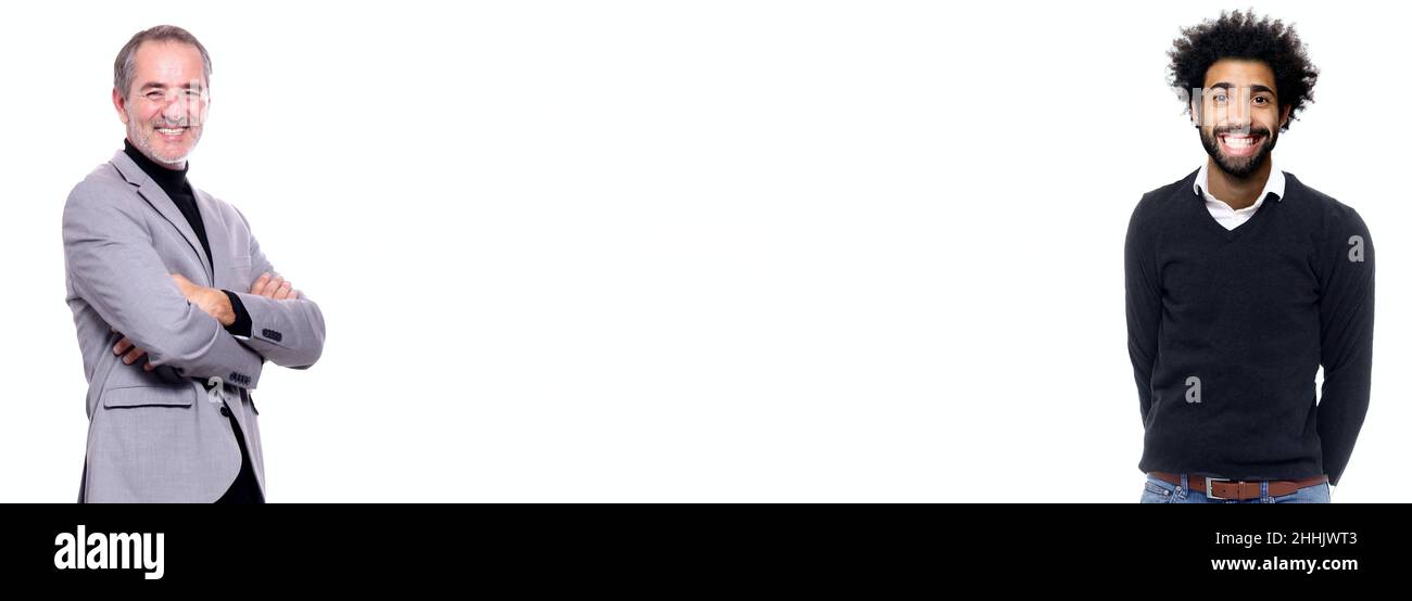 Two people in front of a white background with a white space in between ...