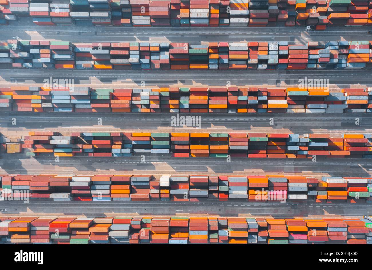 Full frame of drone view of multicolored cargo containers arranged in ...