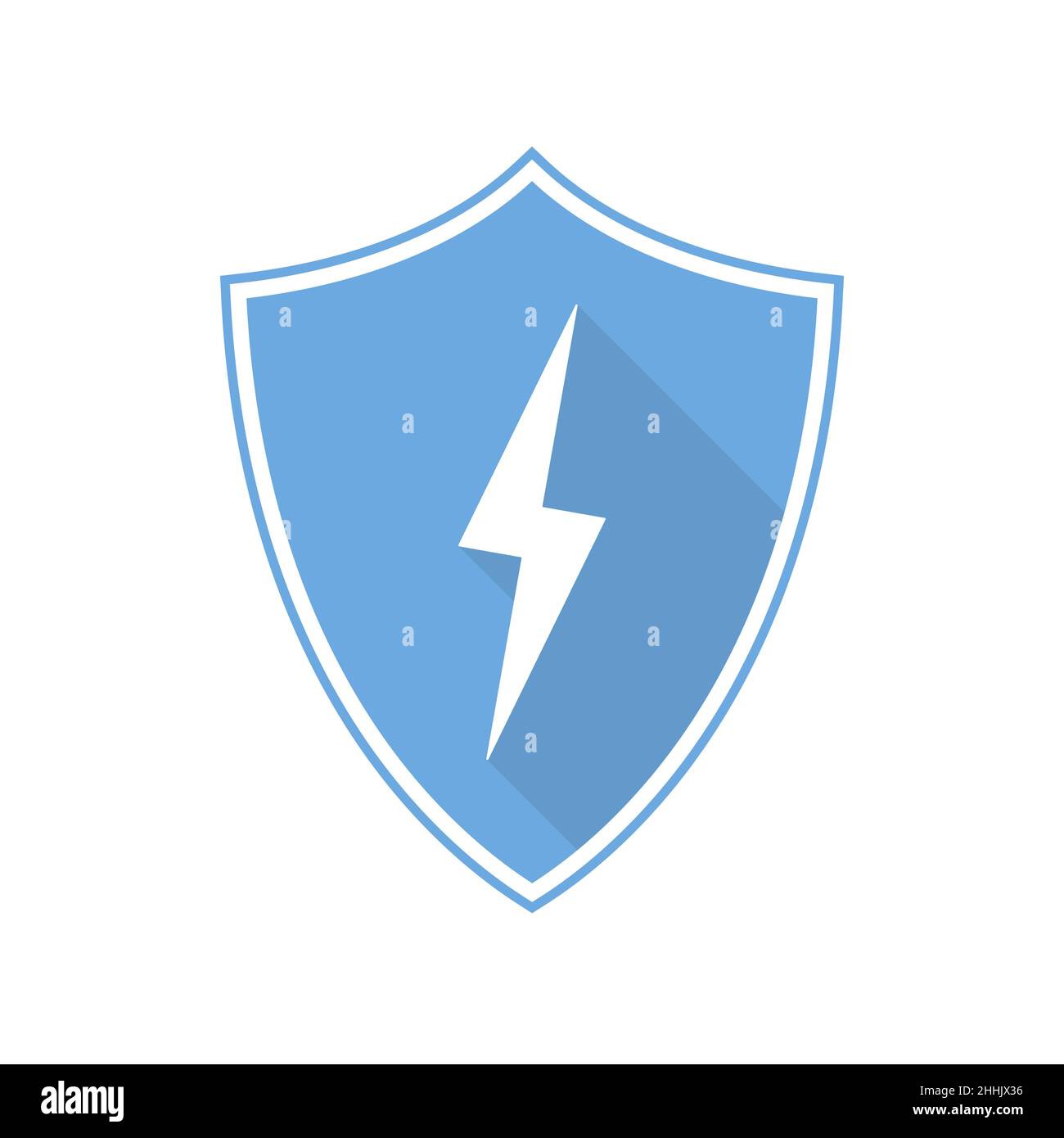 Blue shield with lightning icon in flat design. Vector illustration ...