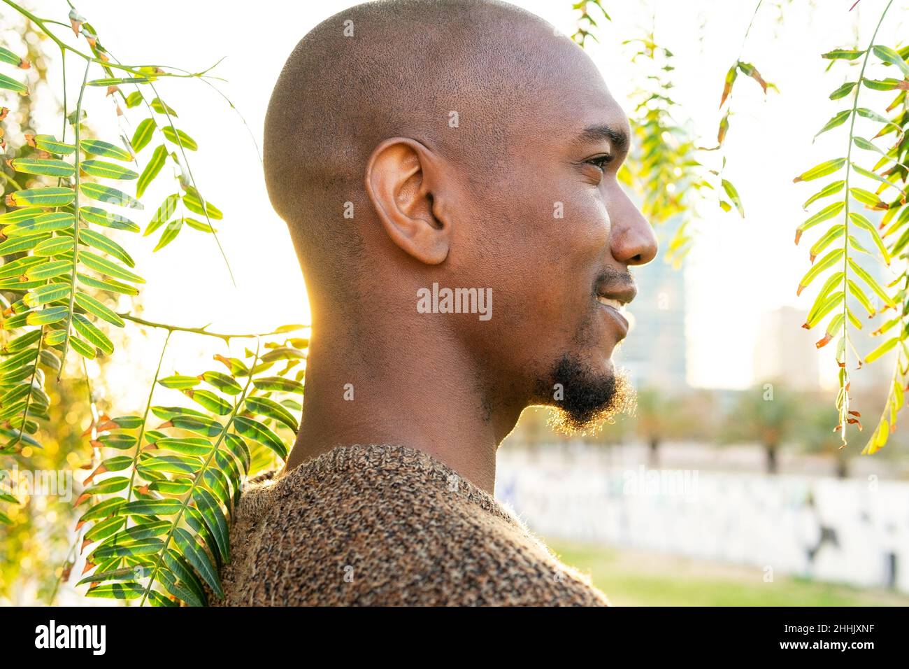 Side view of smiling bald African American male in city with green ...