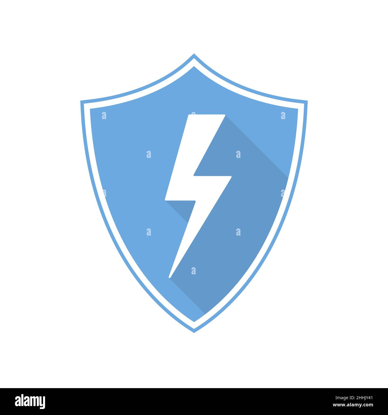 Blue shield with lightning icon in flat design. Vector illustration ...