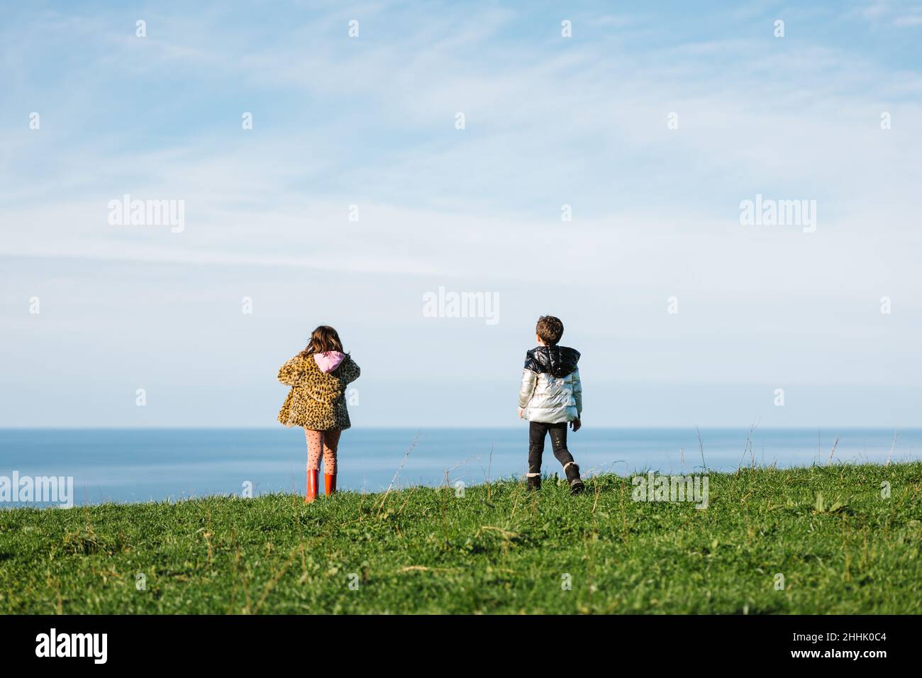 Back view full body of unrecognizable brother and sister standing on ...