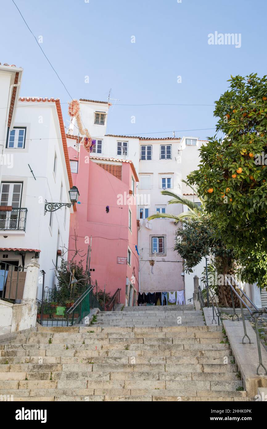 Alfama typical streets and stairs in Lisbon Stock Photo - Alamy