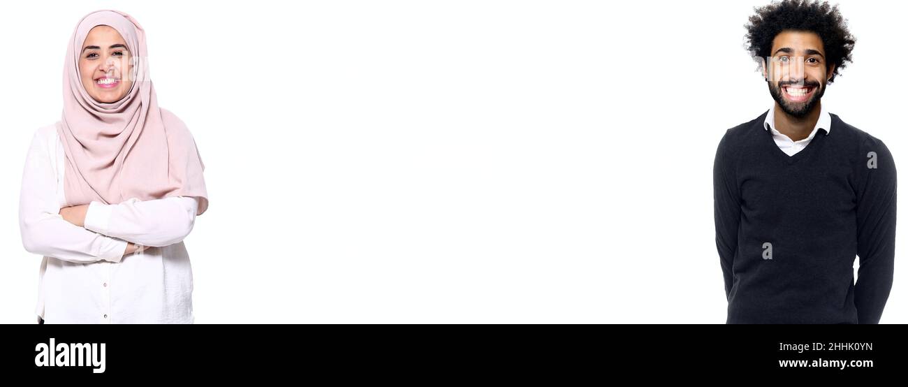 Two people in front of a white background with a white space in between ...