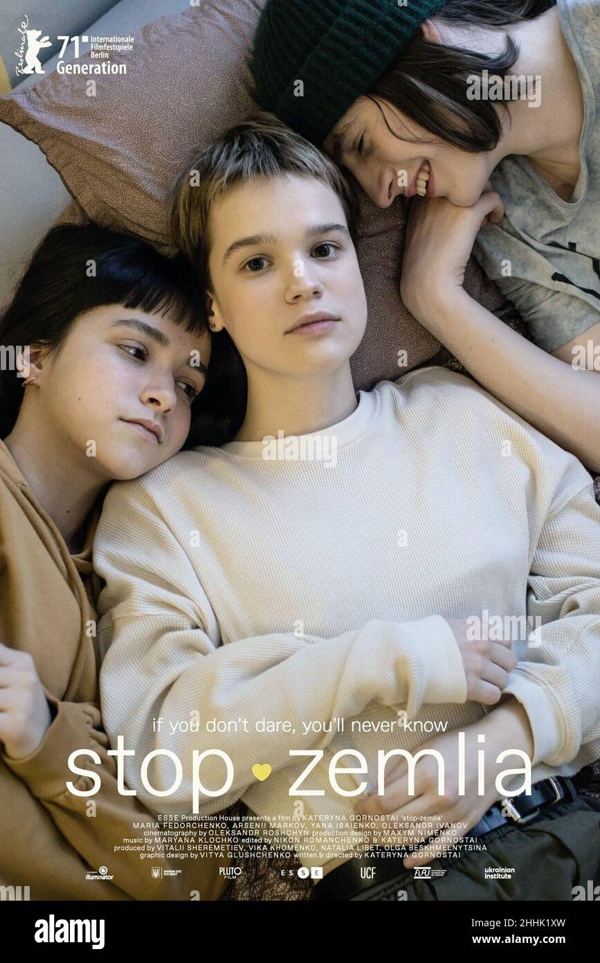 STOP-ZEMLIA, poster, from left: Yana Isaienko, Maria Fedorchenko, Arsenii Markov, 2021 ...