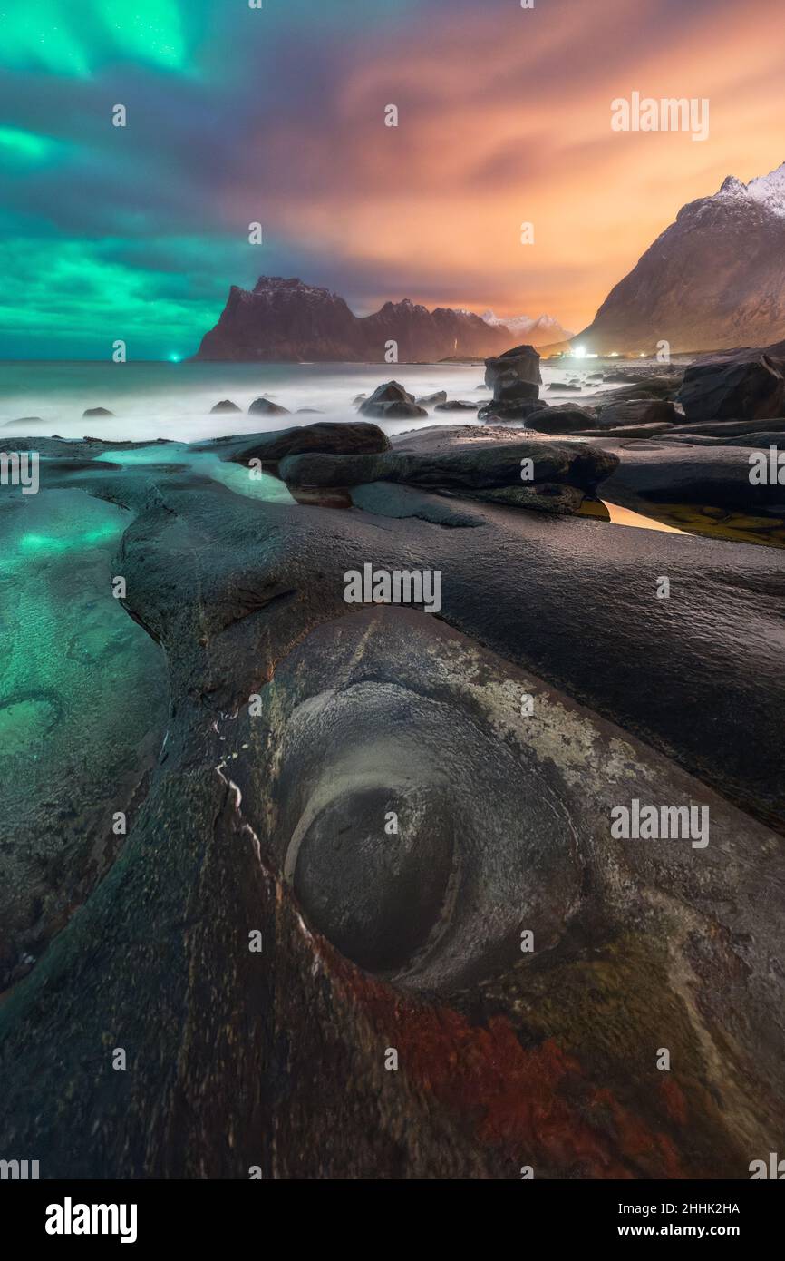 Scenic landscape of rocky coast washed by endless North Sea under ...