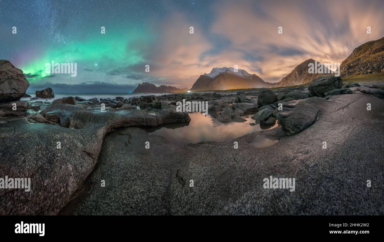 Scenic landscape of rocky coast washed by endless North Sea under ...
