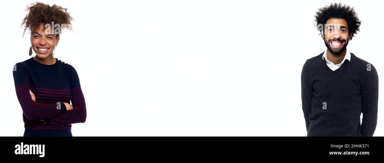 Two people in front of a white background with a white space in between ...